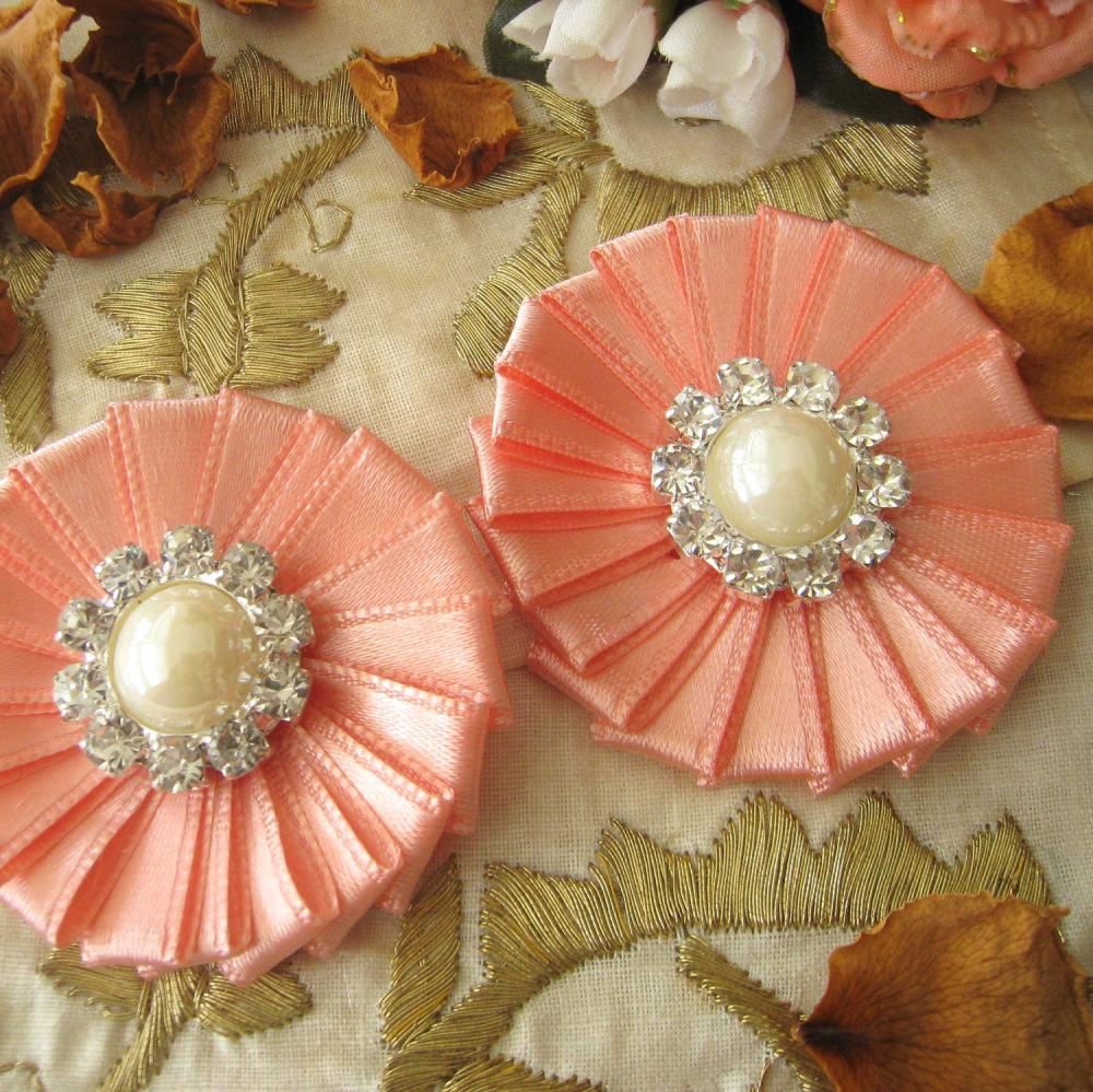 NEW ITEM : Peach Pink Ribbon Flower Appliques, Buttons on Luulla